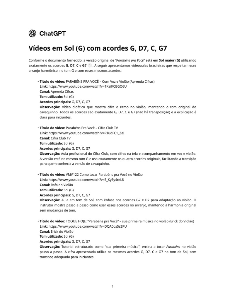Vídeos em Sol (G) com acordes G, D7, C, G7 | PDF | Acorde (música ...