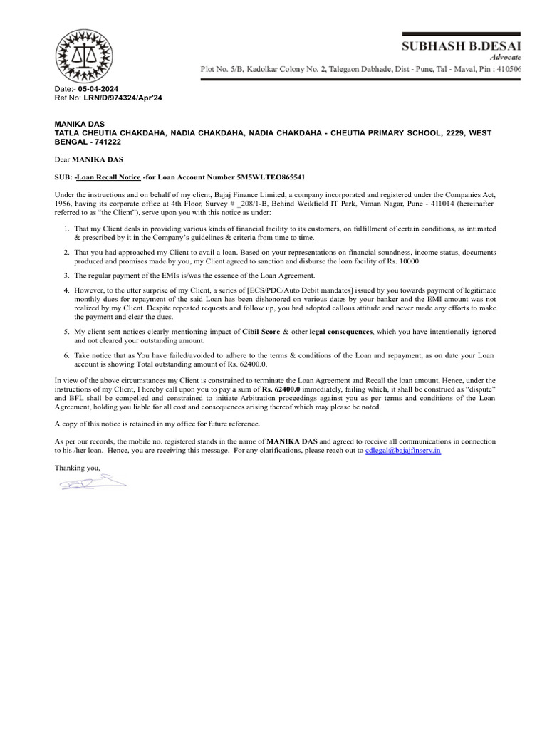 Loan Recall Notice_1725948456198 | PDF | Private Law | Business Law