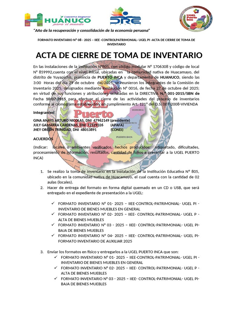 Formato Inventario Nº 08 - 2025 – Controlpatrimonial- Ugel Pi -Acta de Cierre de Toma de ...