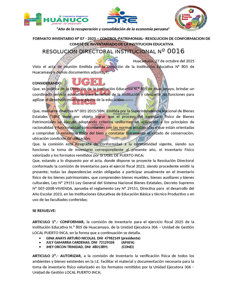 FORMATO INVENTARIO N° 07 - 2025 – CONTROL-PATRIMONIAL- RESOLUCION DE CONFORMACION DE COMITÉ DE ...