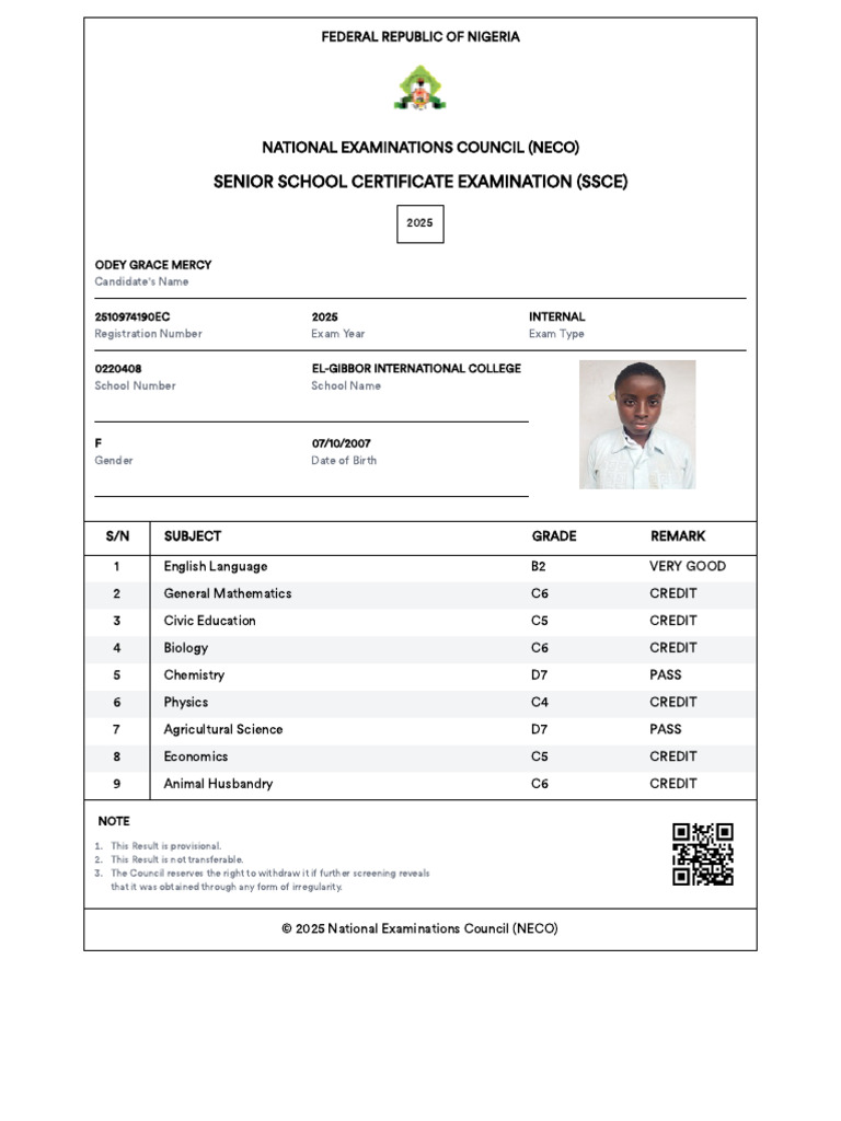 NECO 2025 SSCE Results for Odey Grace Mercy | PDF