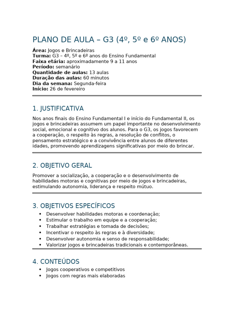 Plano De Aula – Jogos E Brincadeiras (g3 – 4º, 5º E 6º Anos) (1) | PDF