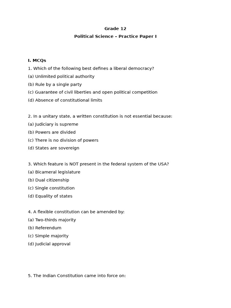 Grade 12 Political Science Practice Paper | PDF | Democracy | Political ...