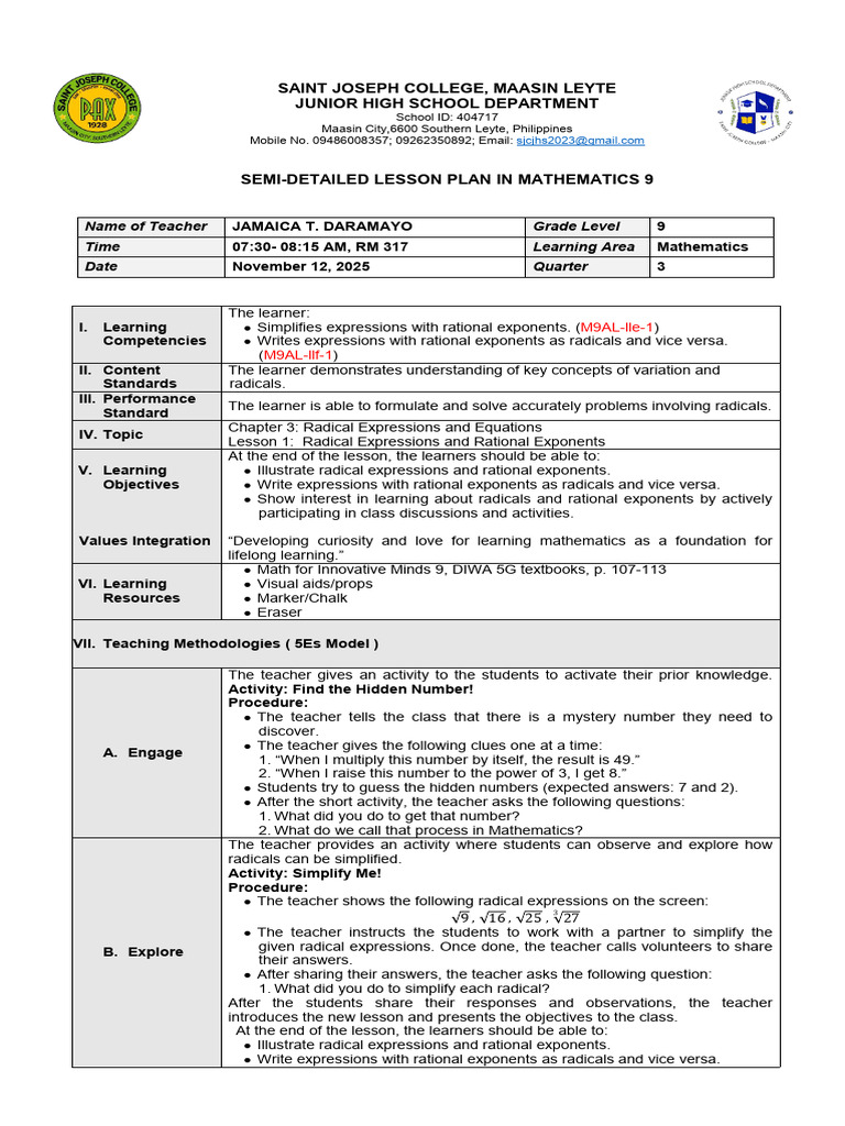 Mathematics 9 Lesson Plan: Radicals | PDF | Learning | Mathematics