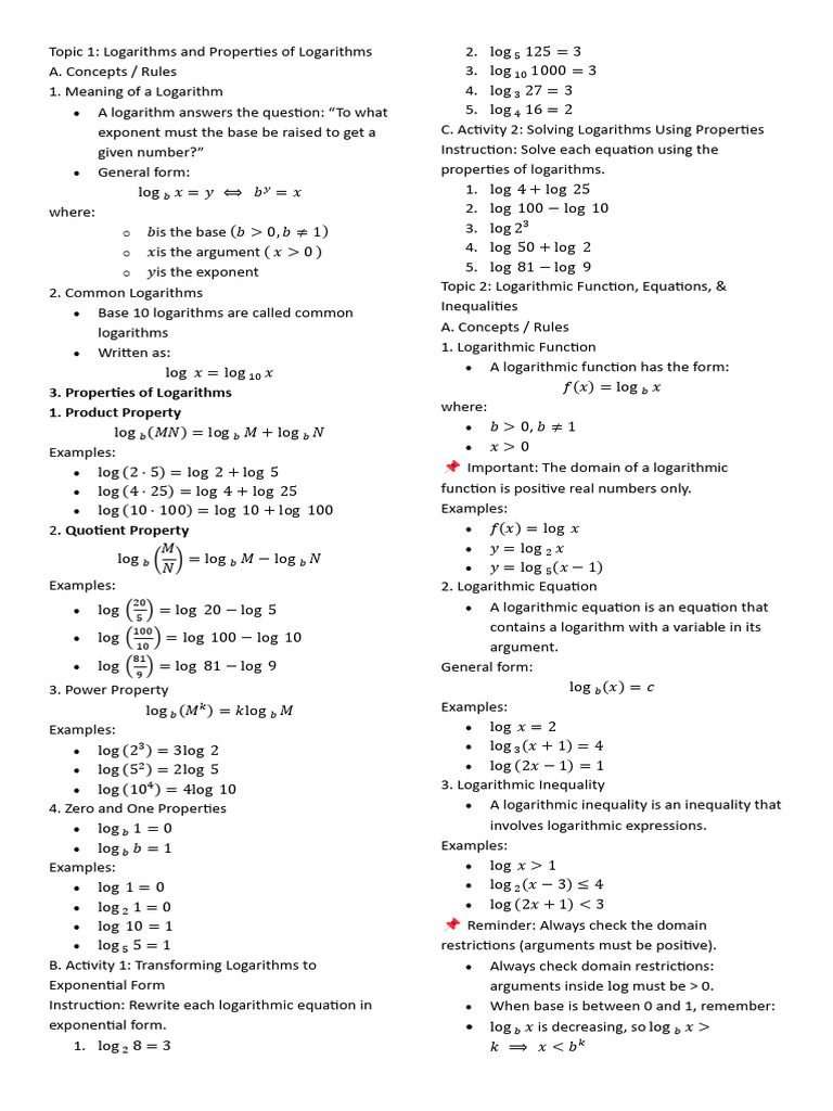 Logarithms: Properties and Functions Guide | PDF | Logarithm ...