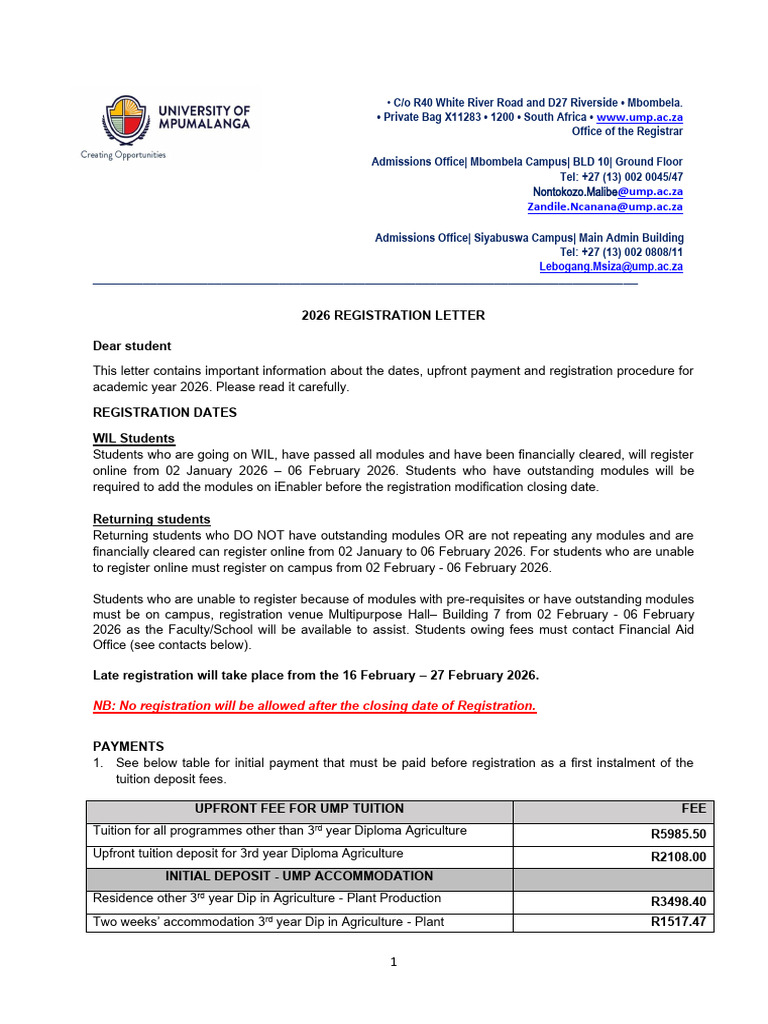 2026 Registration Letter For Returning Students | PDF | Academic Term ...
