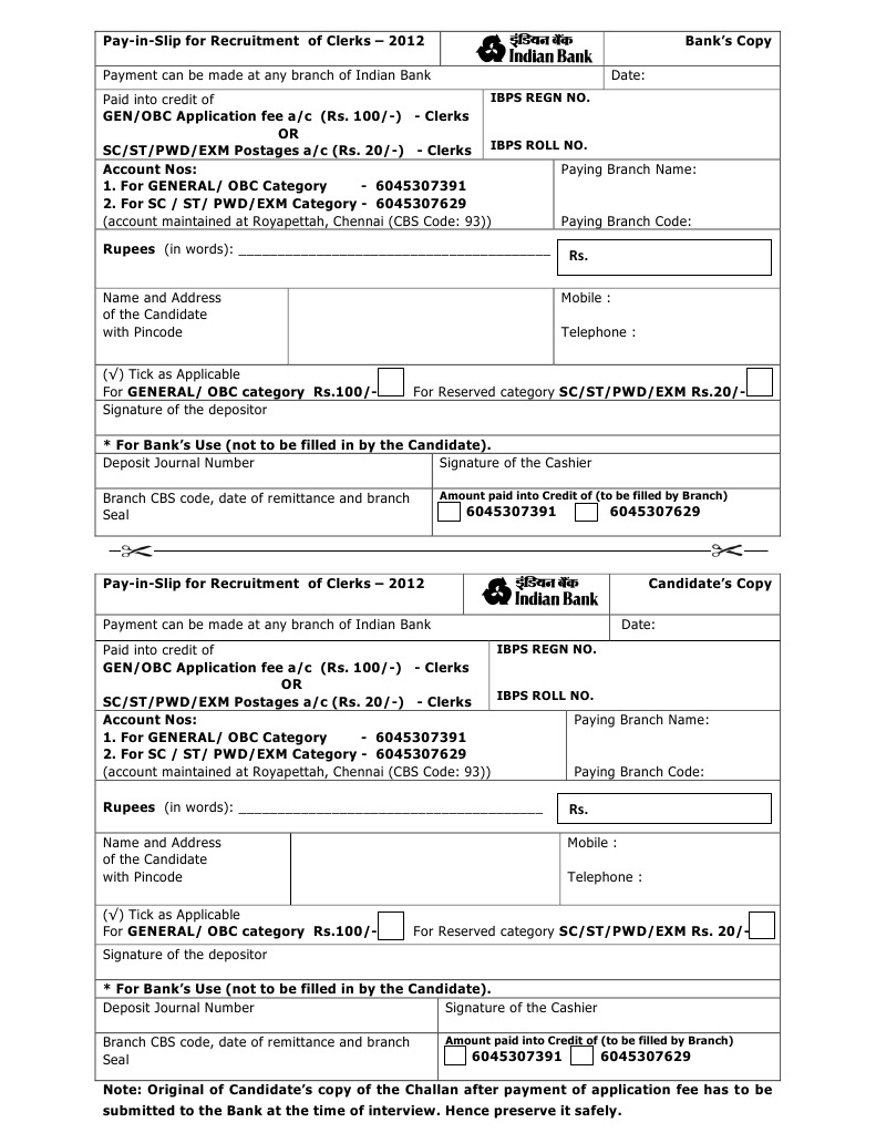 Indian Bank Challan for Clerk Recruitment | PDF | Finance & Money ...