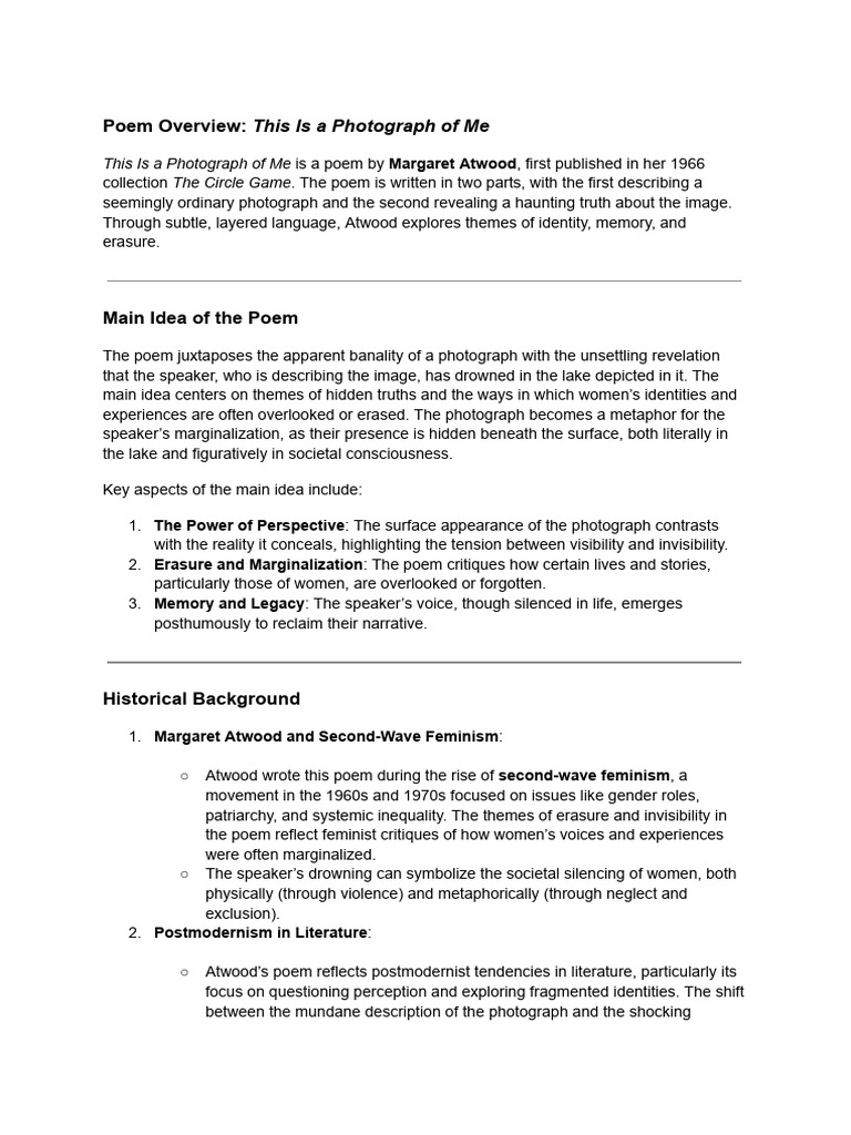 Poem Overview- This is a Photograph of Me | PDF | Feminism | Gender Studies