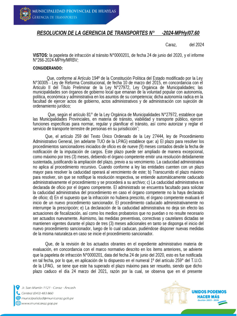 Resolucion de Gerencia N° -2024 PIT 0000201 L04 | PDF | Estatuto de ...