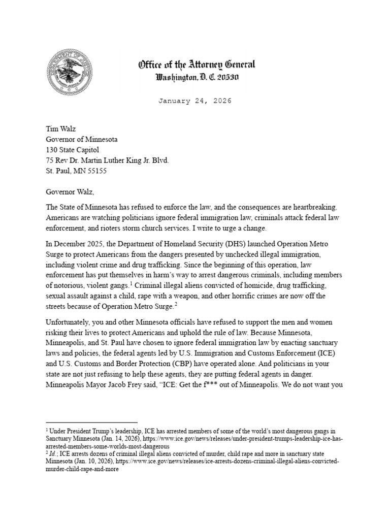 Ag Bondi Letter To MN Gov 012426 | PDF | U.S. Immigration And Customs ...