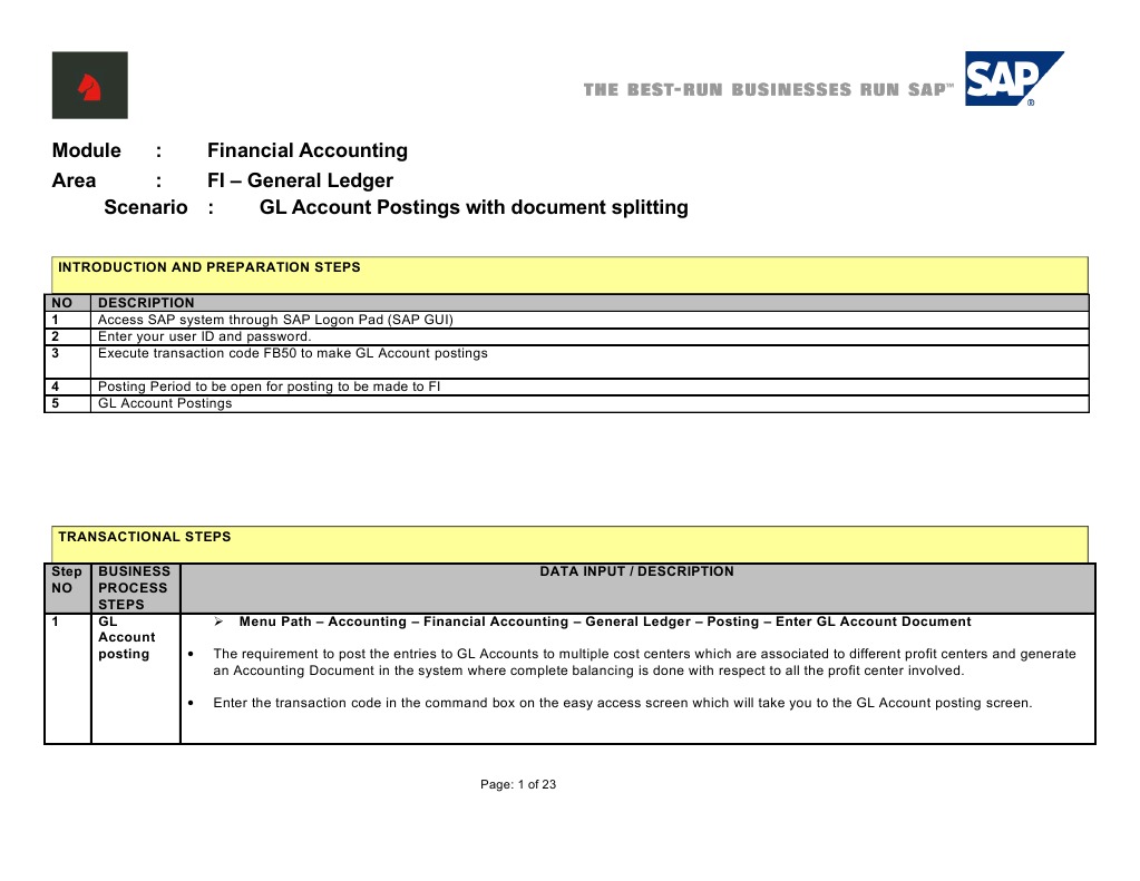 SAP FB50: GL Posting With Document Splitting | PDF | Debits And Credits ...