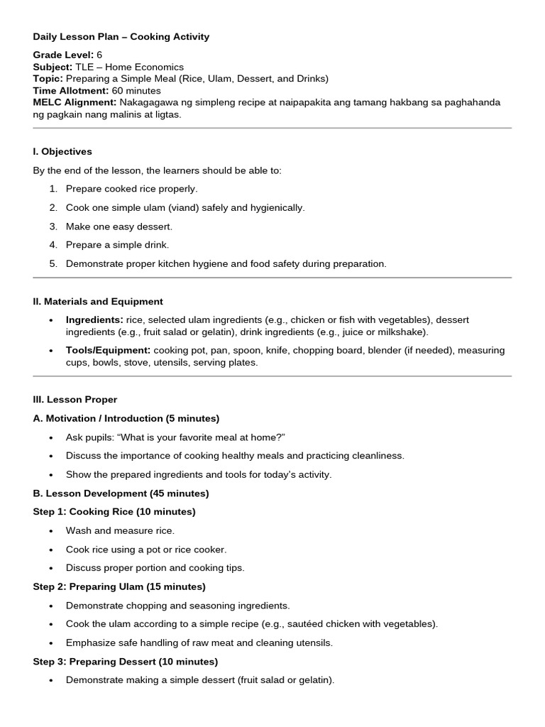 Grade 6 Cooking Lesson Plan | PDF | Cooking | Kitchen Utensil