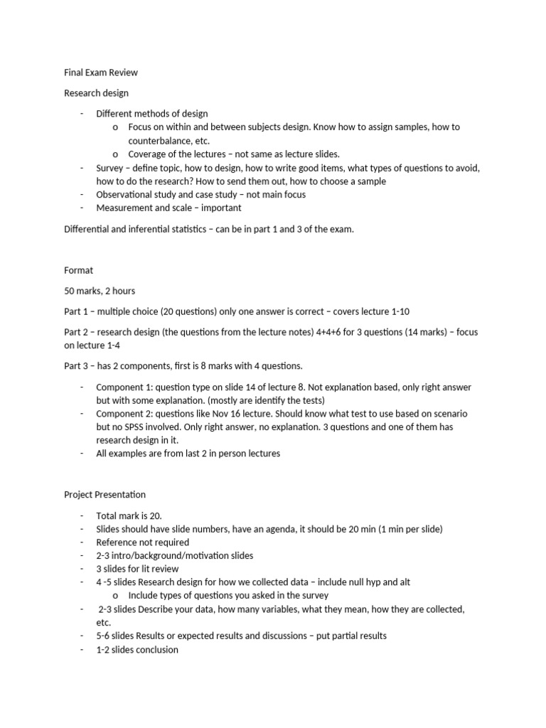 Final Exam Review: Research Design Guide | PDF | Statistics | Methodology