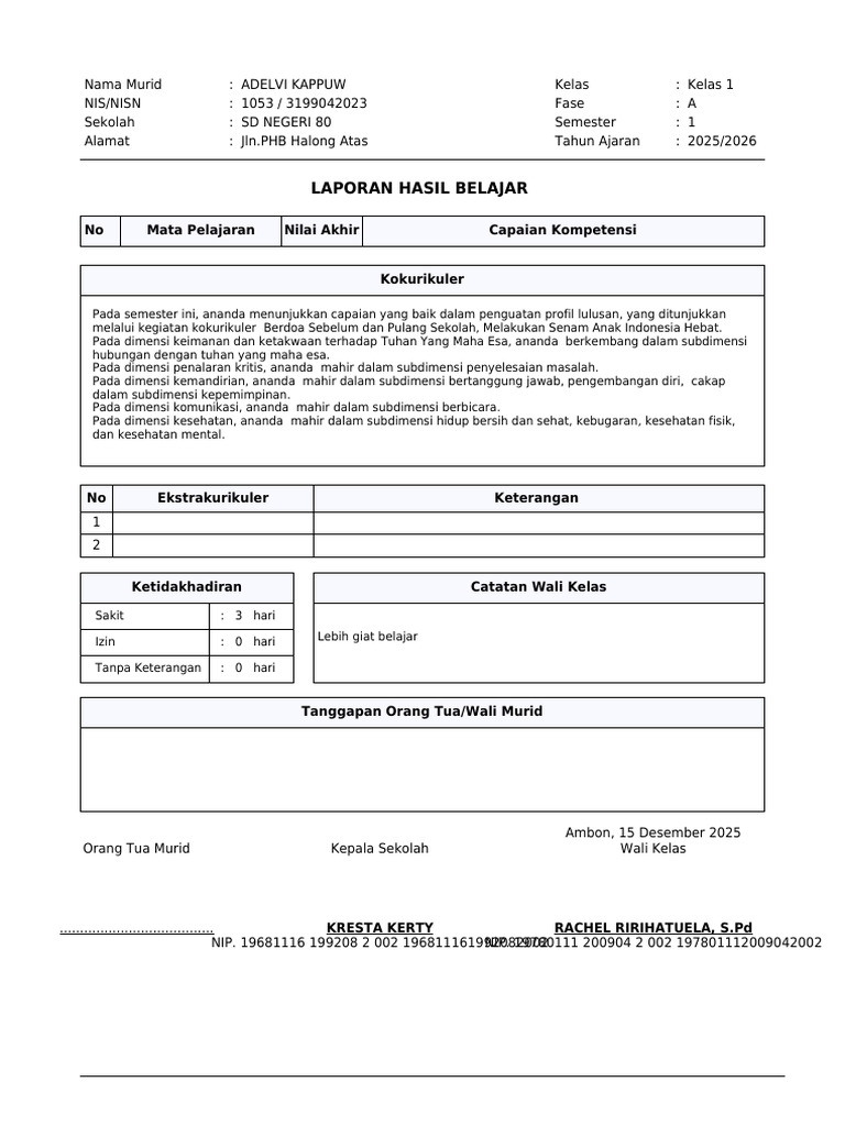 Laporan Hasil Belajar Kelas 1 Adelvi | PDF