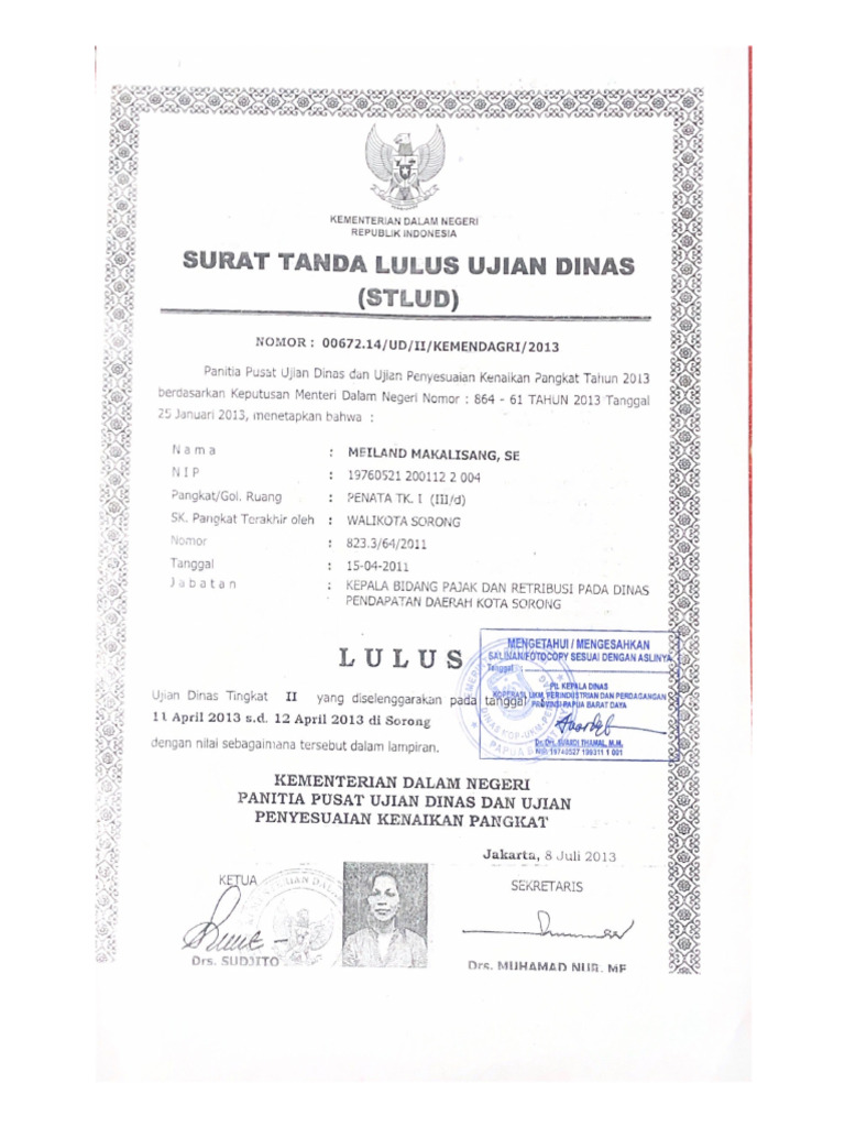 Surat Tanda Lulus Ujian Dinas | PDF