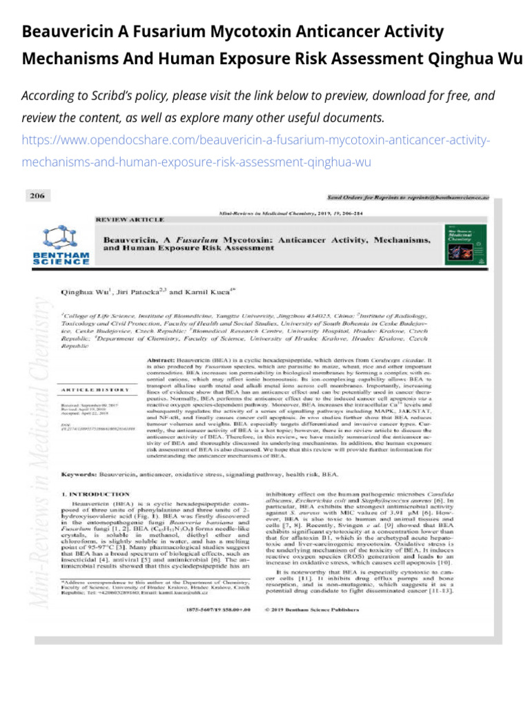Beauvericin A Fusarium Mycotoxin Anticancer Activity Mechanisms And ...