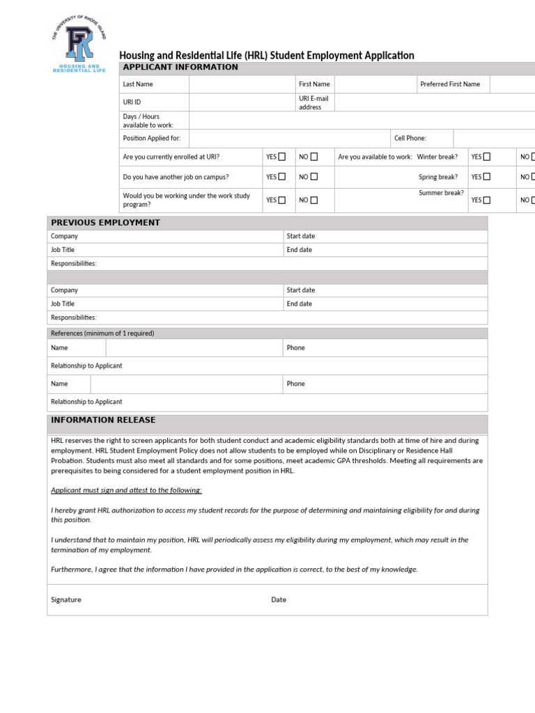 HRL Student Employment Application Form | PDF | Employment