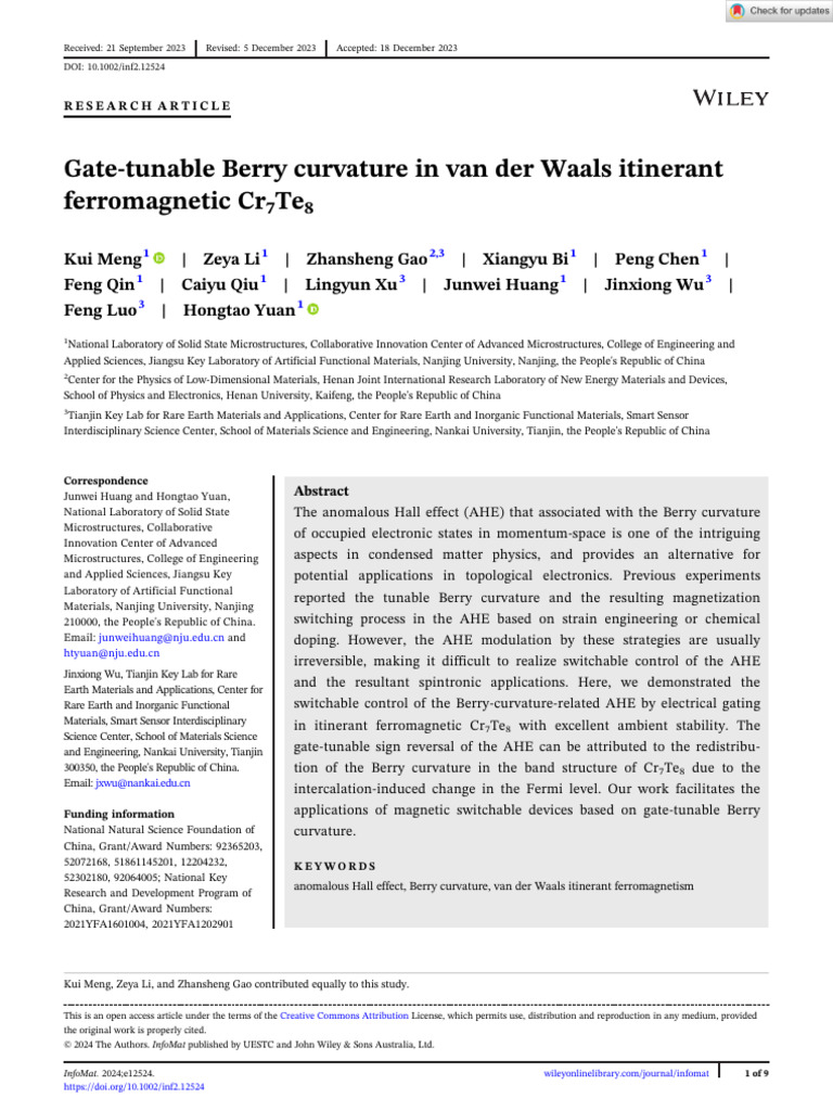 InfoMat - 2024 - Meng - Gate‐Tunable Berry Curvature in Van Der Waals ...