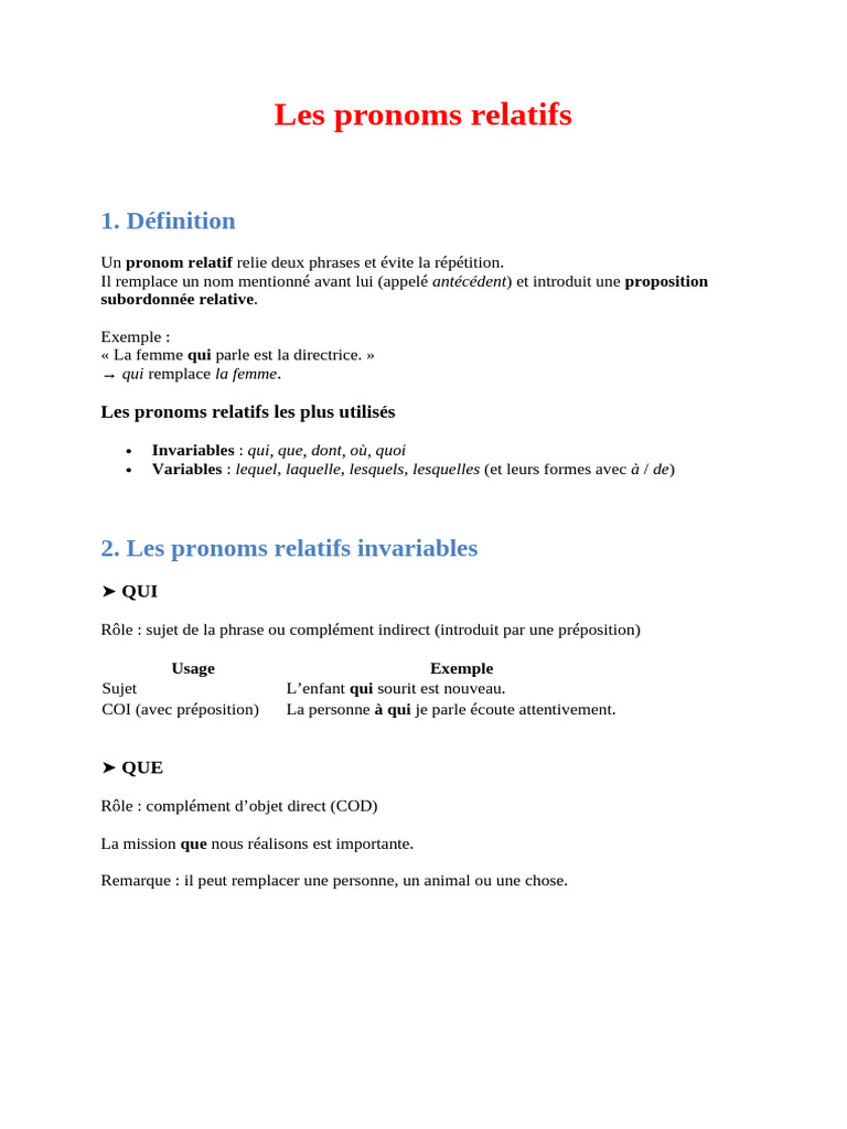 Les Pronoms Relatifs | PDF | Pronom | Complément d'objet