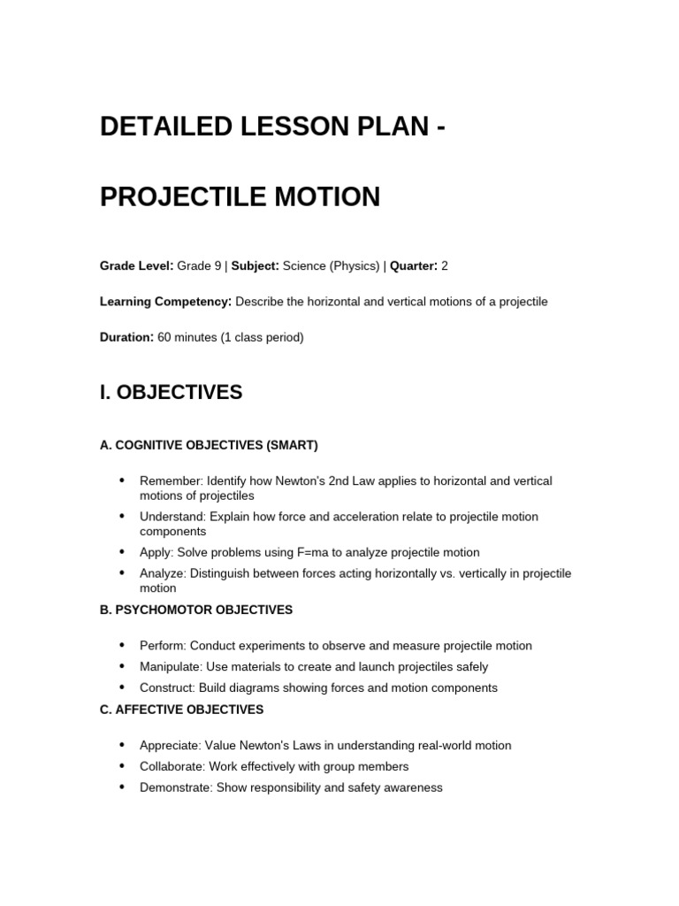 Projectile Motion 7E Lesson Plan - Newton's 2nd Law Foundation (DepEd ...