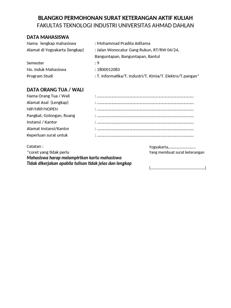 Blangko Permohonan Surat Keterangan Aktif Kuliah | PDF
