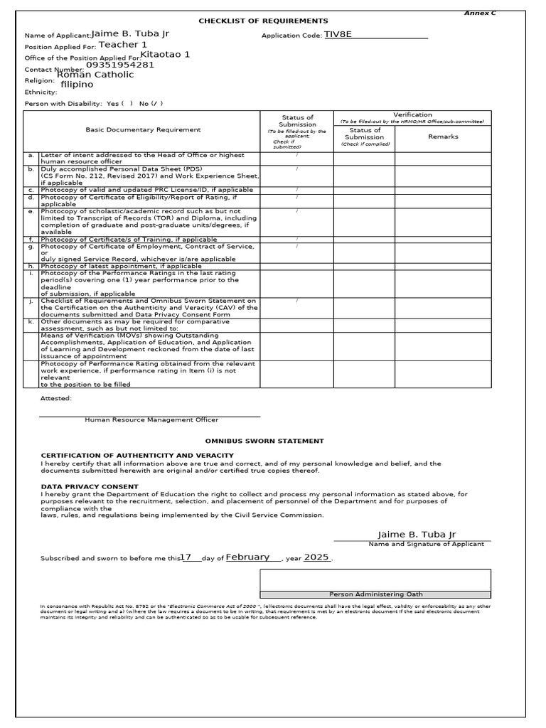Annex C-Checklist of Requirements and Omnibus Sworn Statement | PDF