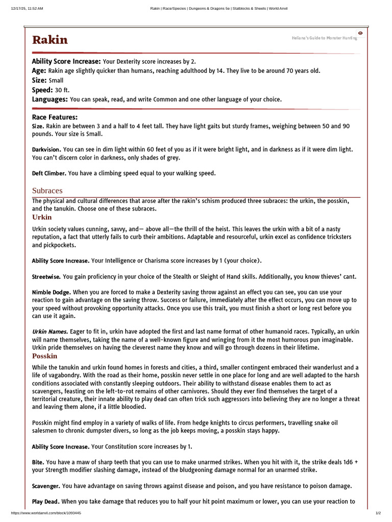 Rakin - Race - Species - Dungeons & Dragons 5e - Statblocks & Sheets ...