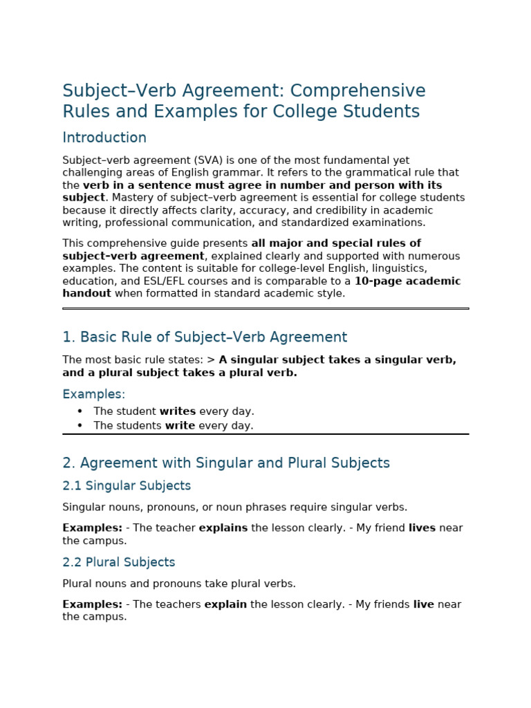 Subject-Verb Agreement - Comprehensive Rules and Examples For College ...