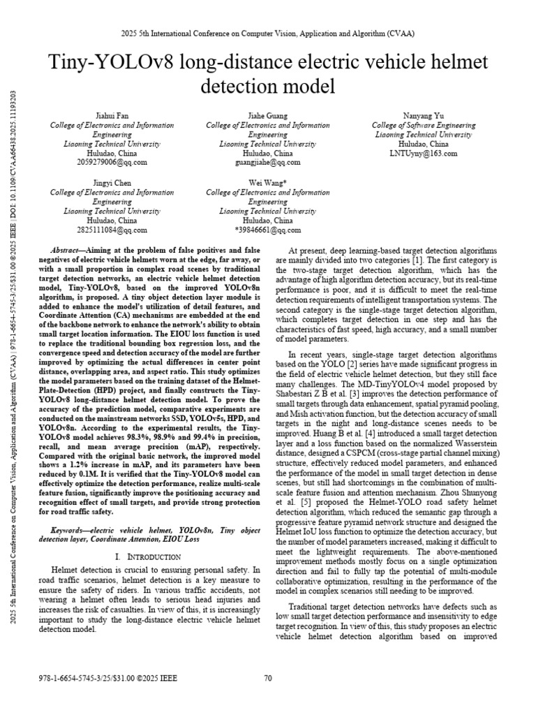 Tiny-YOLOv8 Long-Distance Electric Vehicle Helmet Detection Model | PDF ...