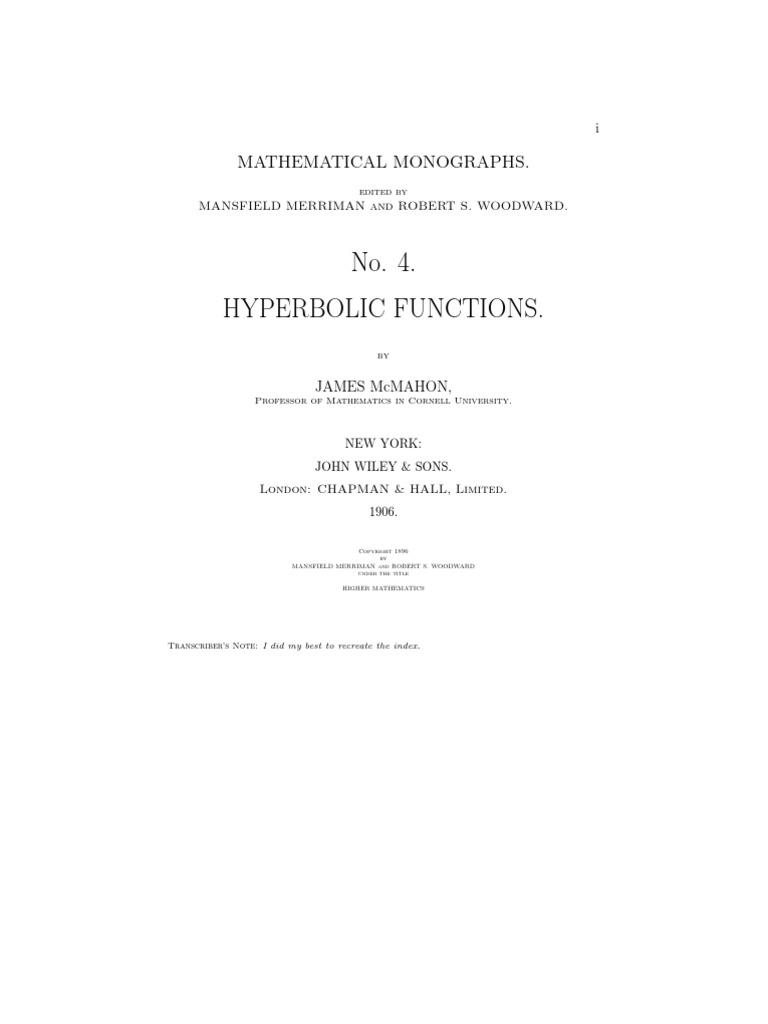 Hyperbolic Functions by James McMahon | PDF | Trigonometric Functions ...