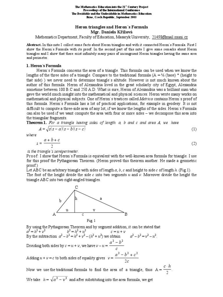 Heron Triangles and Heron S Formula Mgr. Daniela Křížová | PDF ...