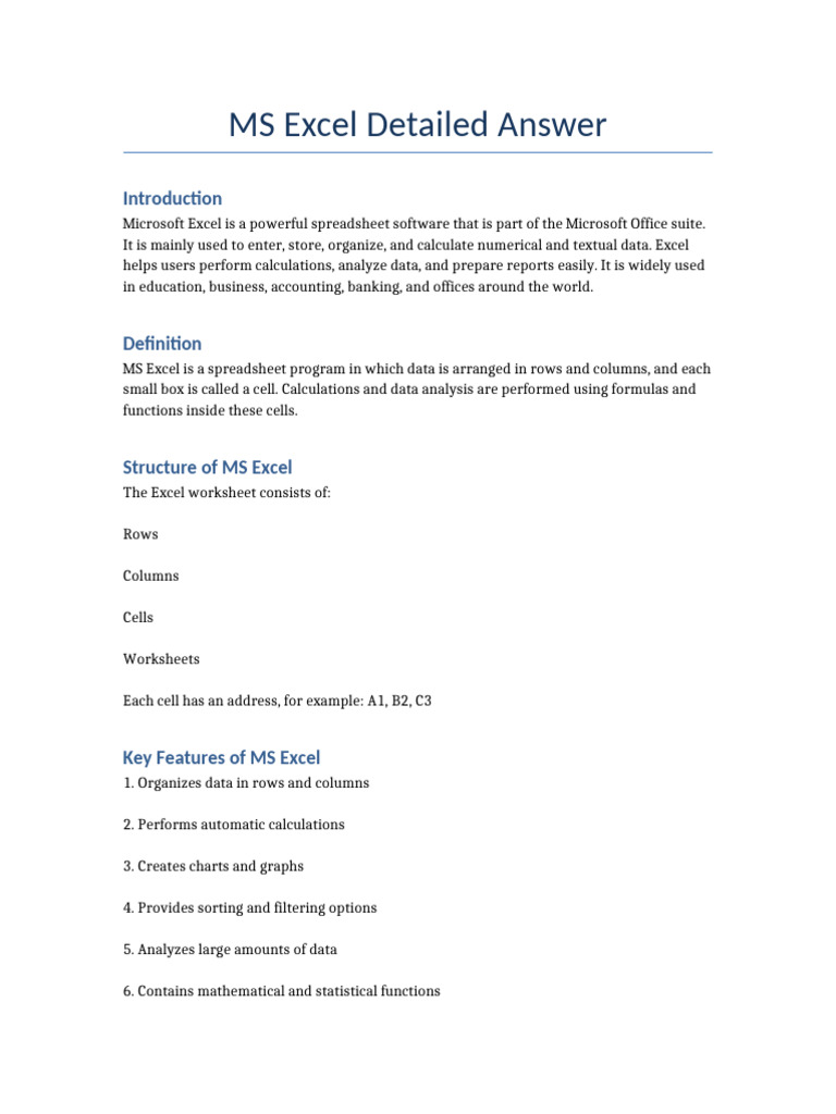 MS Excel Detailed Answer | PDF | Microsoft Excel | Spreadsheet