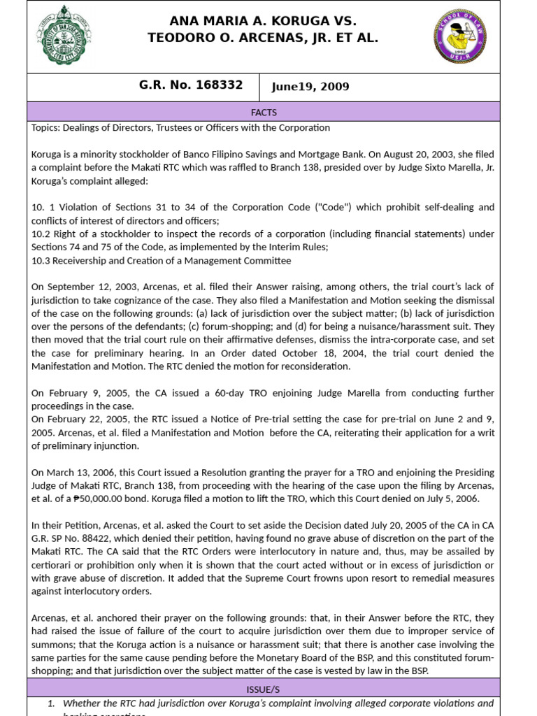 ANA MARIA A. KORUGA VS. TEODORO O. ARCENAS, JR. ET AL. | PDF ...