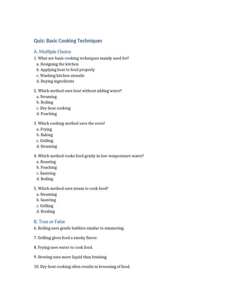 Basic Cooking Techniques Quiz With Answer Key | PDF