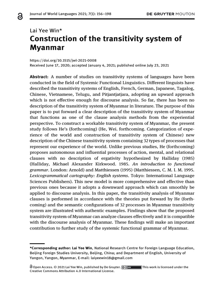 Construction of The Transitivity System of Myanmar | PDF | Linguistics ...