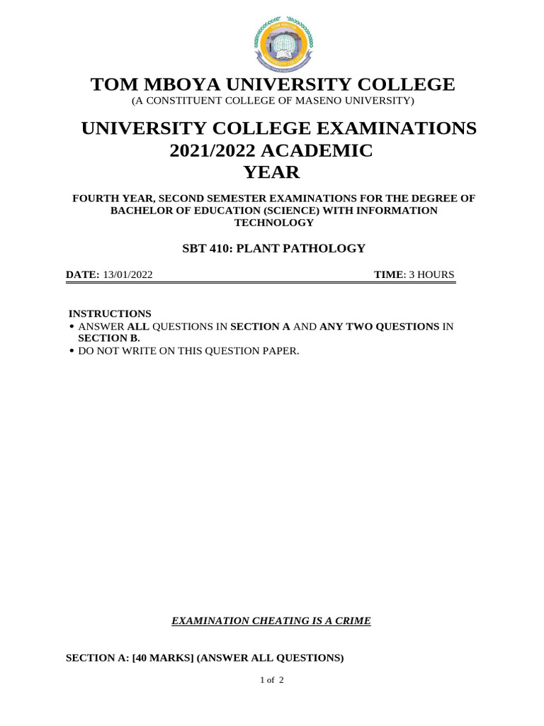 Sbt 410 Exams Nov s2 2020-2021 - Draft Exams | PDF | Plant Pathology ...