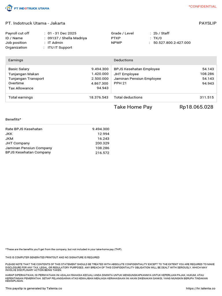 Payslip Dec 2025 | PDF | Employee Relations | Labor