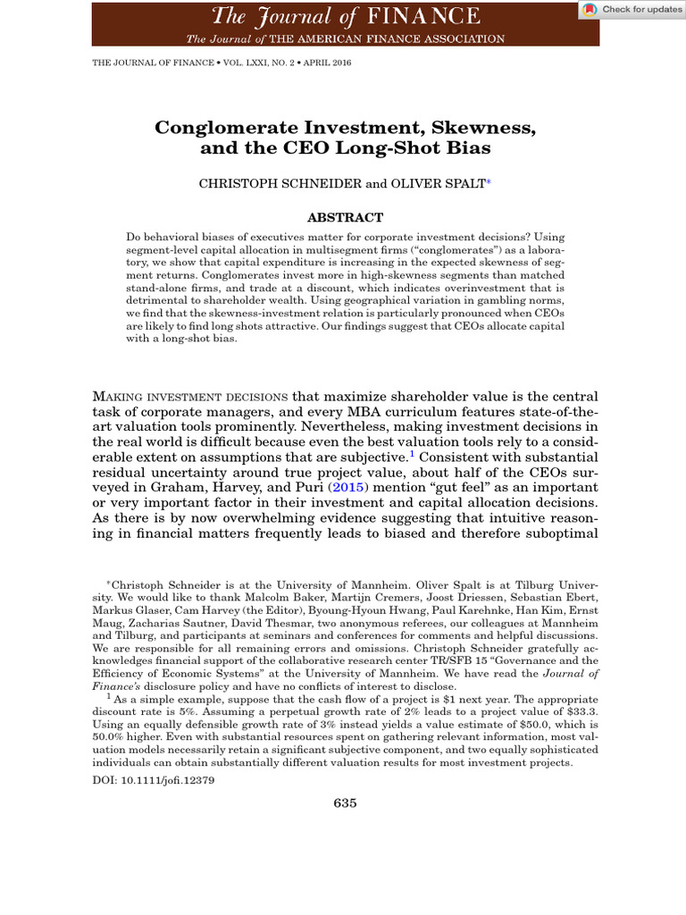 Article- Conglomerate Investment, Skewness, And the CEOLong-Shot Bias ...