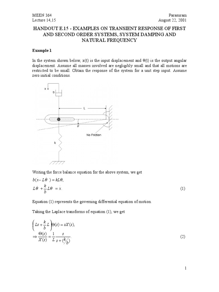 Handout E.15 - Examples On Transient Response of First and Second Order Systems, System Damping ...