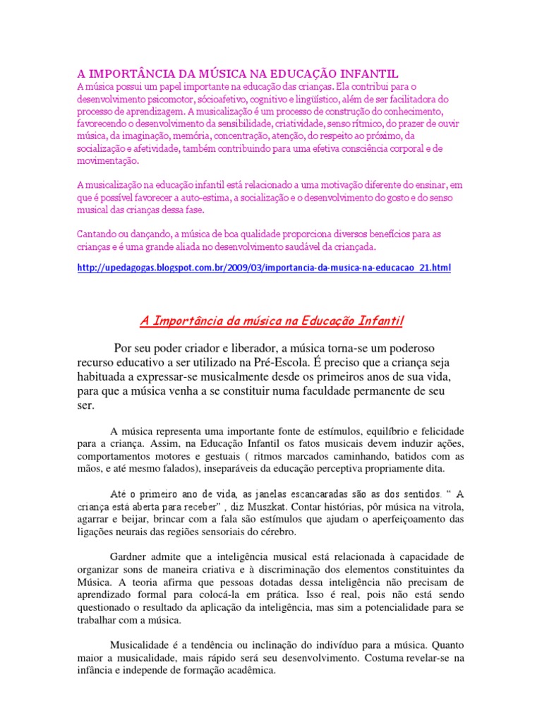 A Importância Da Música Na Educação Infantil Pdf Danças Aprendizado