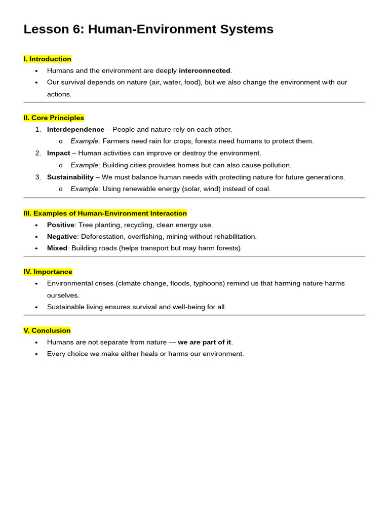 Lesson 6 - Human Environment Systems | PDF