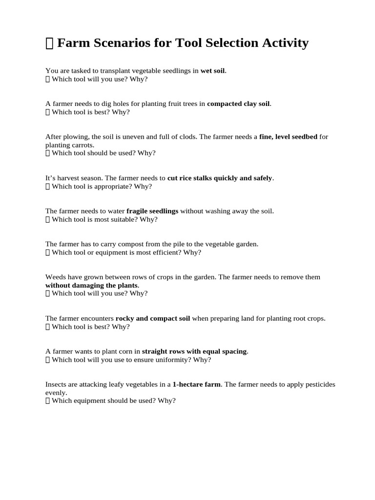 ? Farm Scenarios for Tool Selection Activity | PDF