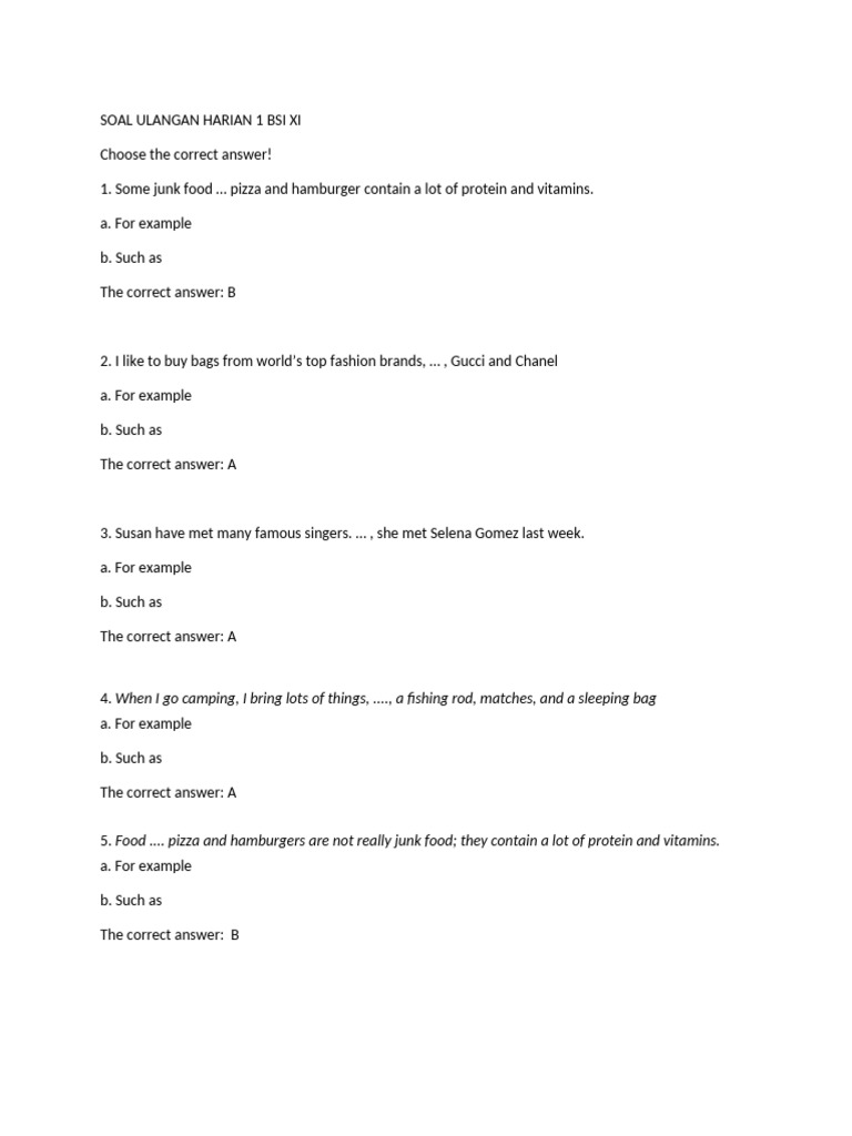 Latihan Soal BSI XI Penggunaan For Example and Such As | PDF