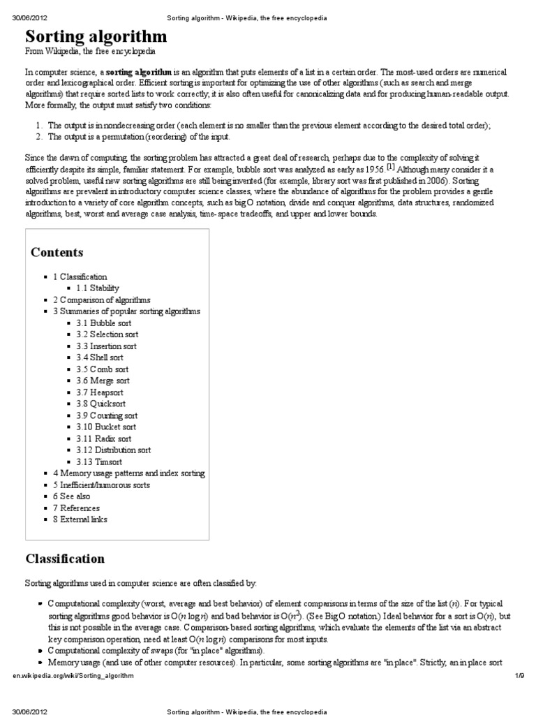 Sorting Algorithm - Wikipedia, The Free Encyclopedia | PDF | Mathematical Concepts | Areas Of ...