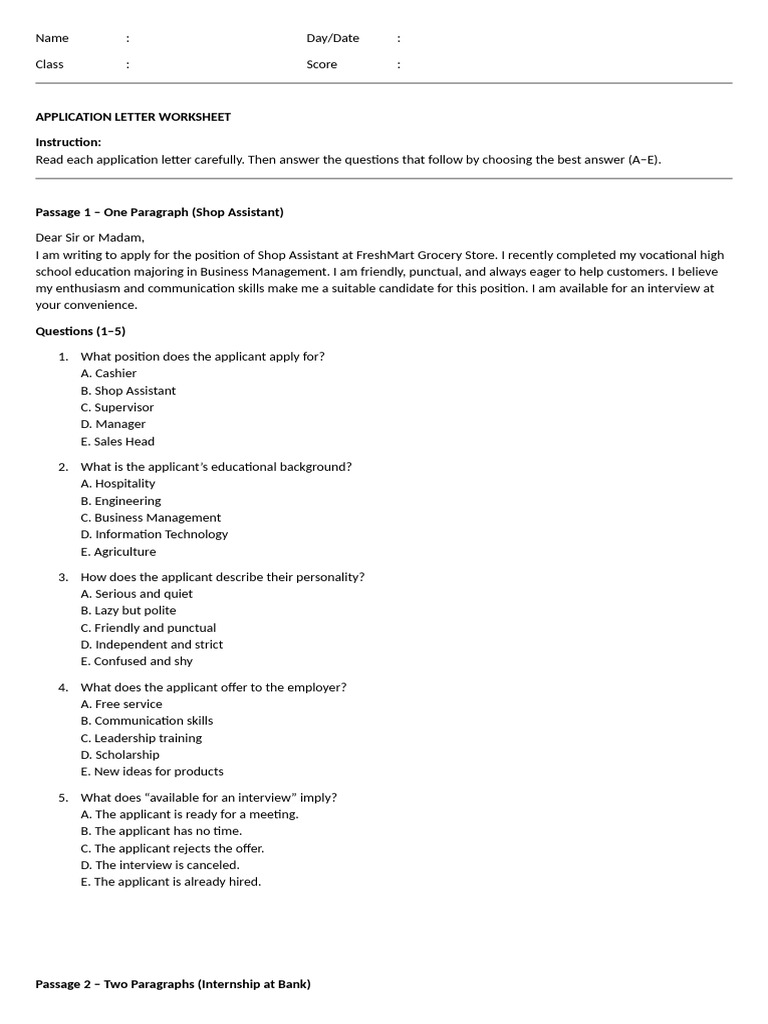 Students Worksheet Application Letter Answer Key | PDF | Teachers ...