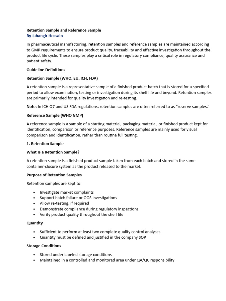 Retention Sample and Reference Sample | PDF | Quality