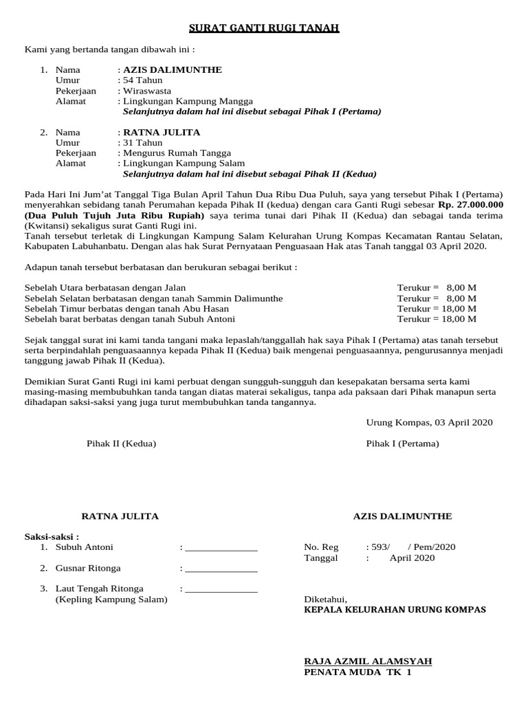 Surat Ganti Rugi Tanah Sammin | PDF