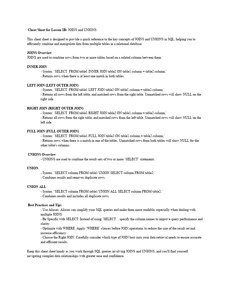 2B Cheat Sheet | PDF | Table (Database) | Computing