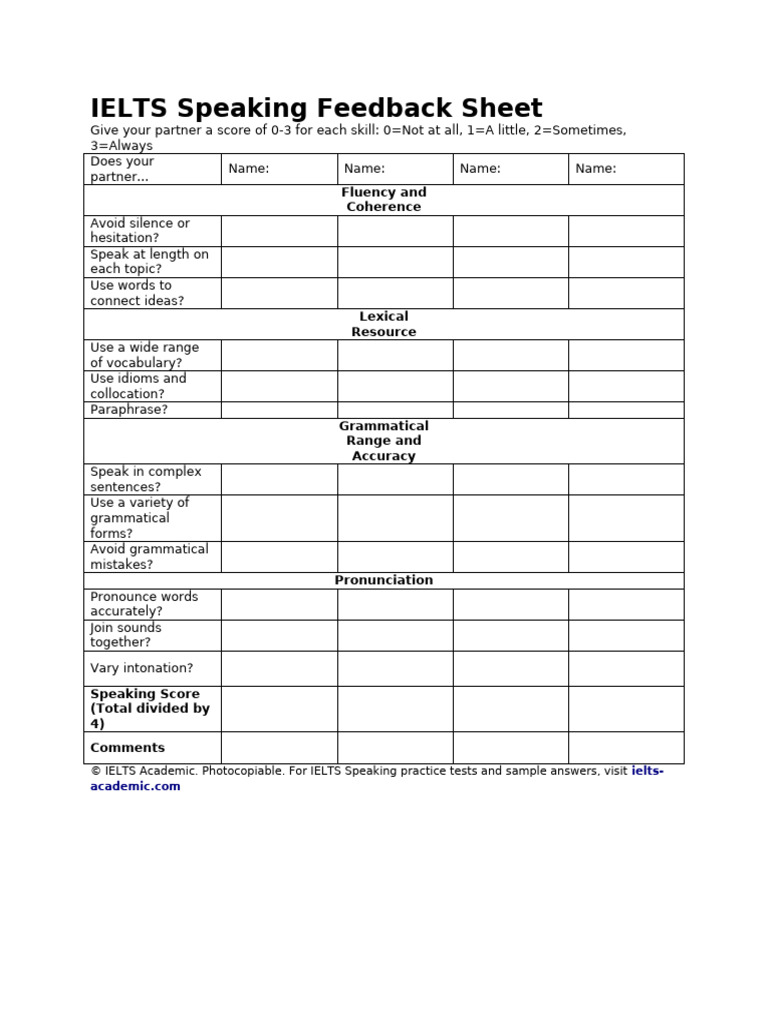IELTS Speaking Feedback Sheet | PDF