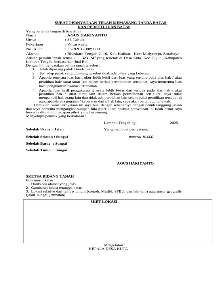 Surat Pernyataan Telah Memasang Tanda Batas | PDF